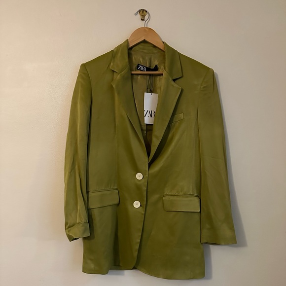 Zara | Jackets & Coats | Zara Olive Green Silk Feeling Jacket | Poshmark